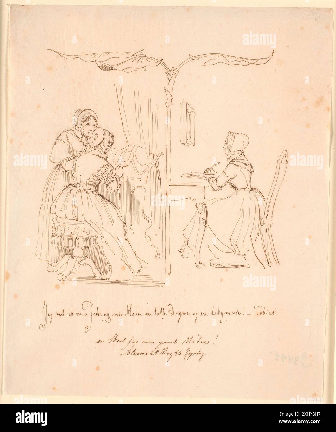 A drawing by Johan Thomas Lundbye (1818-1848) depicting two ladies ...