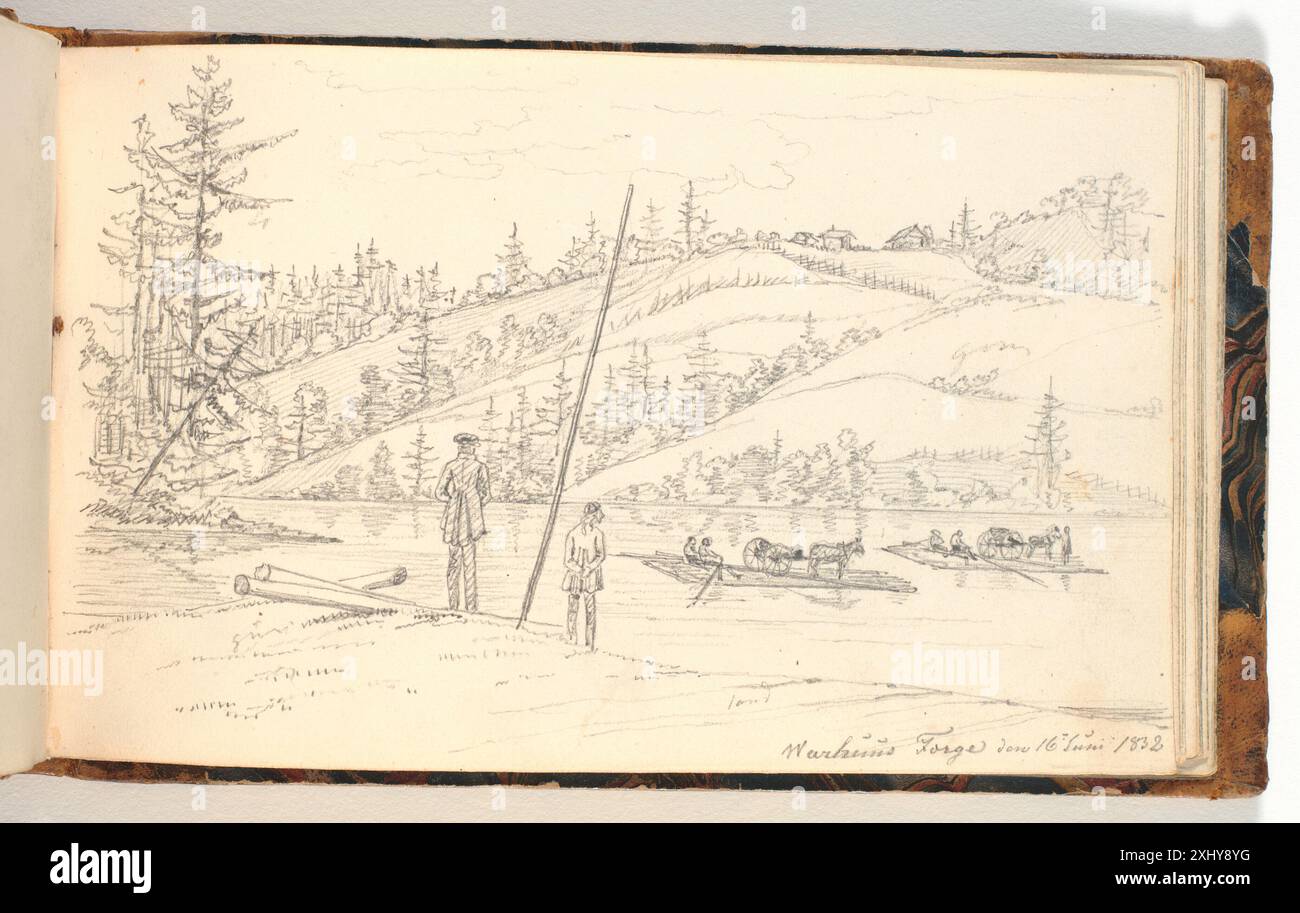 Drawing by Martinus Rørbye depicting a fjord landscape with barges ...
