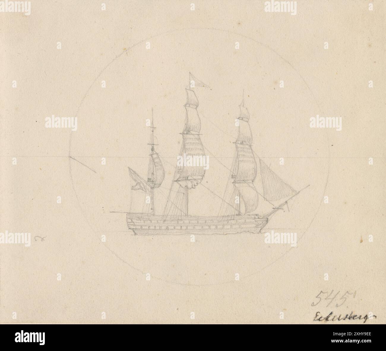 Drawing by C.W. Eckersberg showing a Russian line ship under full sail ...
