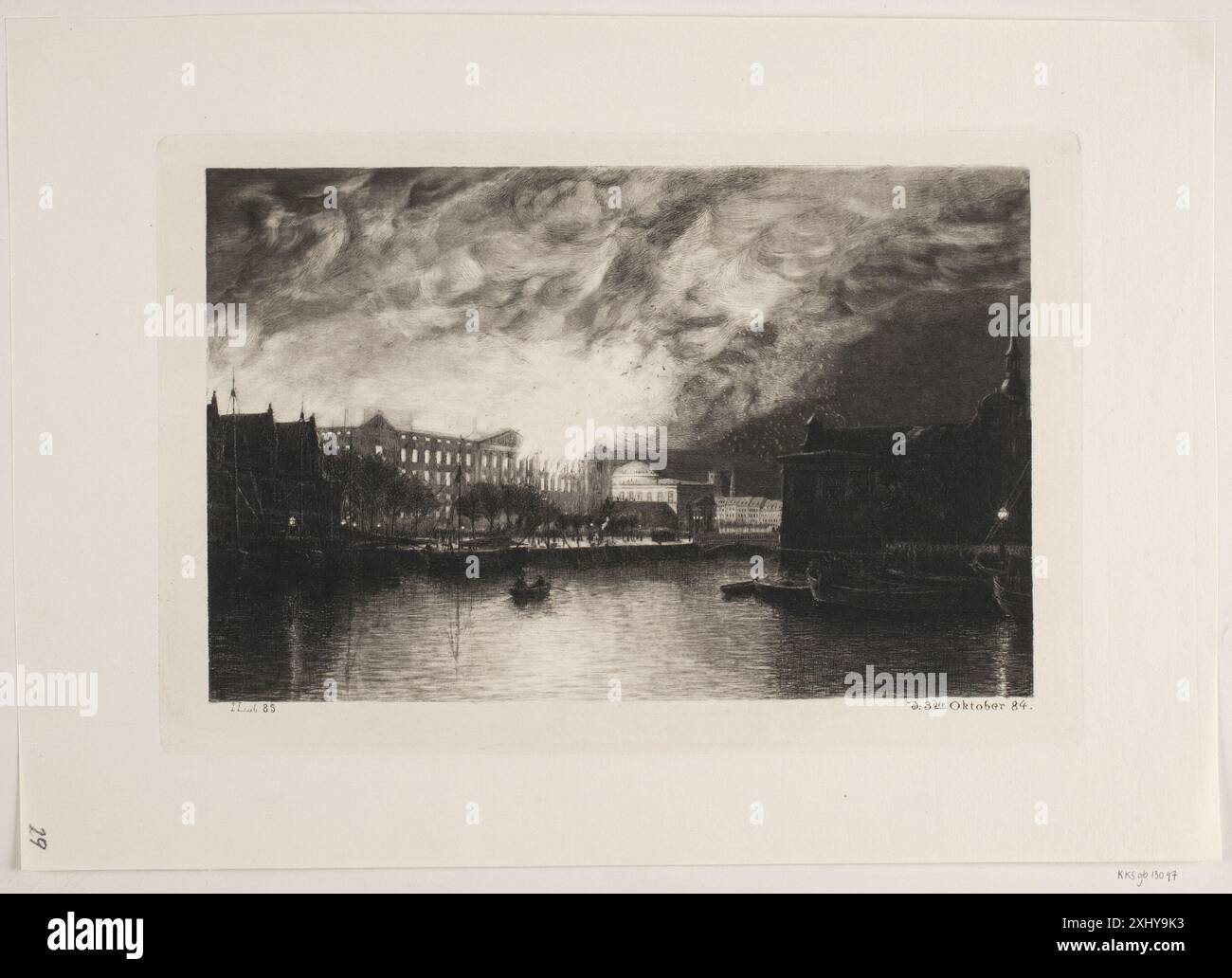 Etching by John Lübschitz depicting the fire at Christiansborg Palace ...