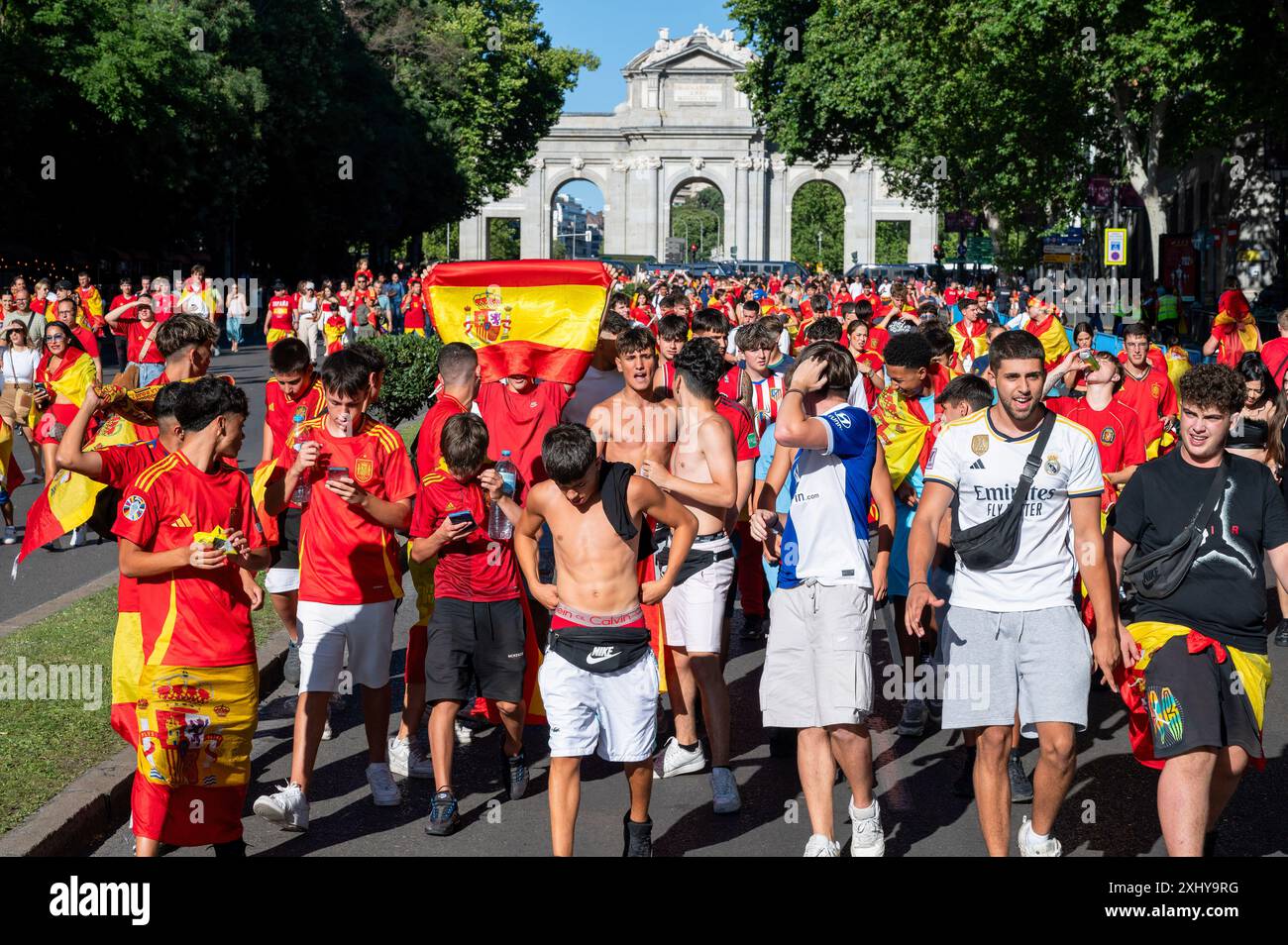 Madrid, Spain. 15th July, 2024. Young Spanish fans gather at Cibeles ...