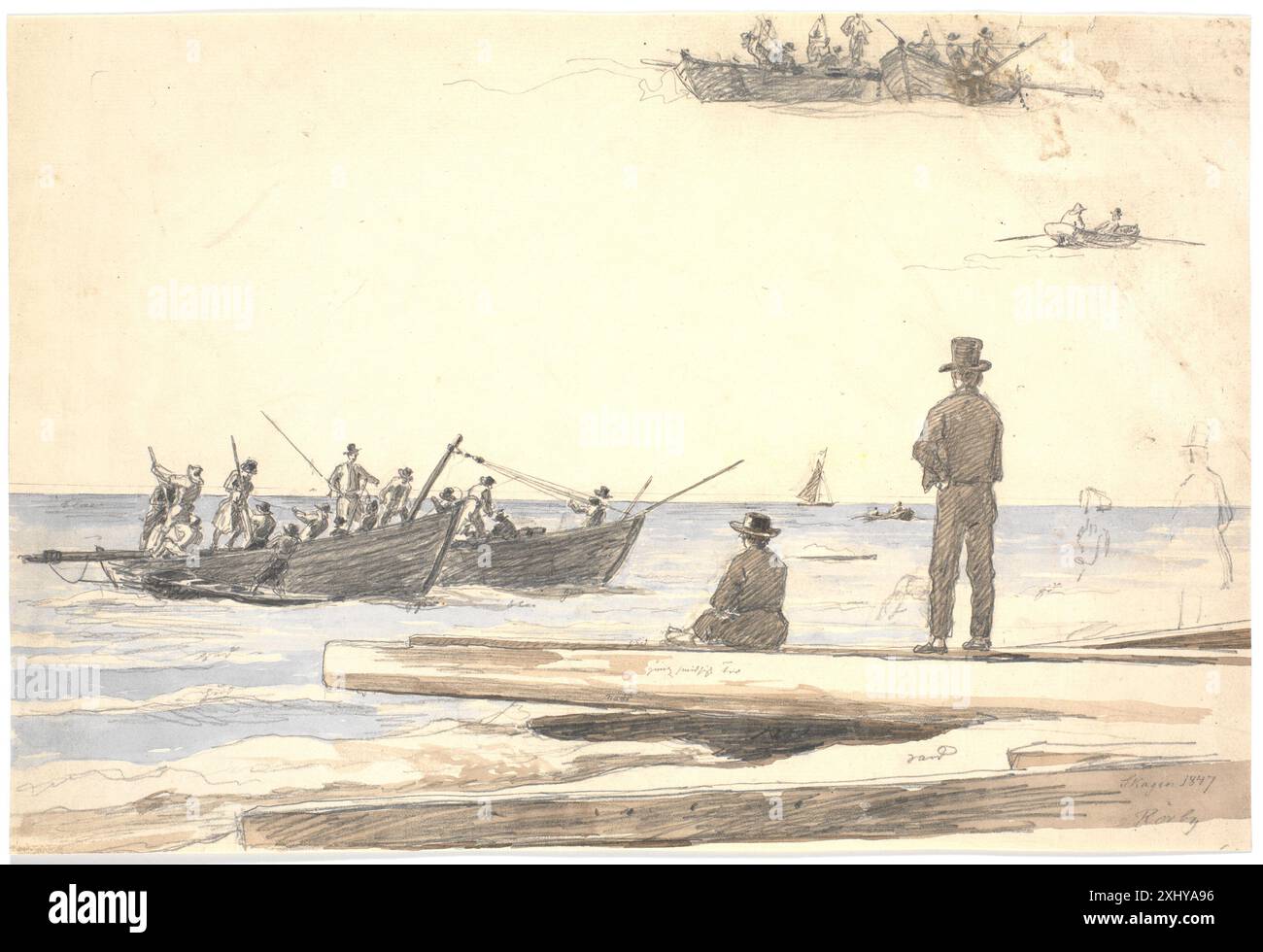 Drawing by Martinus Rørbye depicting two fishing boats sailing toward ...