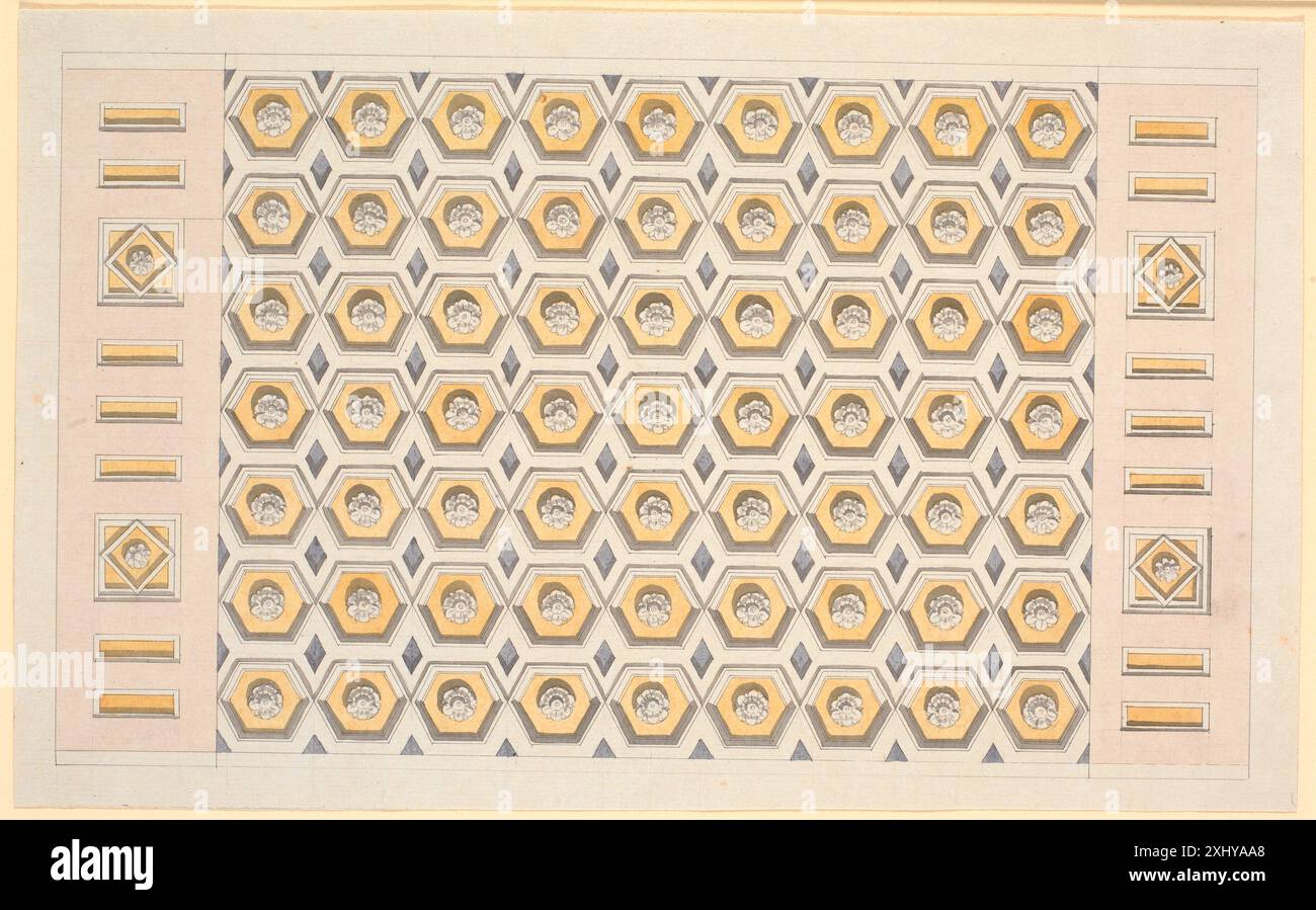 Draft ceiling with hexagonal cassettes and rosettes in yellow and ...