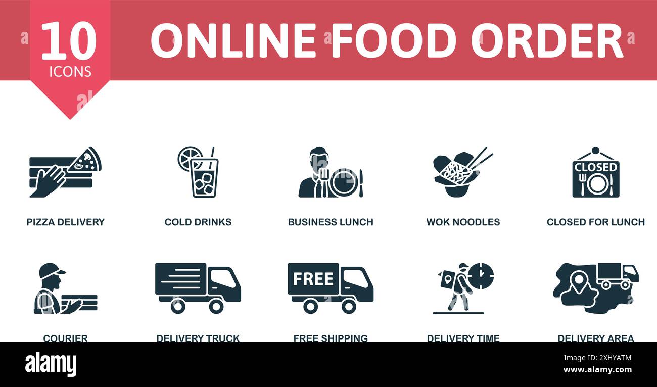 Online Food Order icon set. Pizza Delivery, Cold Drinks, Business Lunch ...