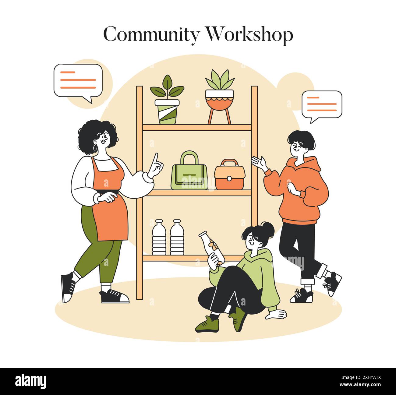 Upcycled Handmade concept. Creative community workshop scene with individuals crafting eco ...