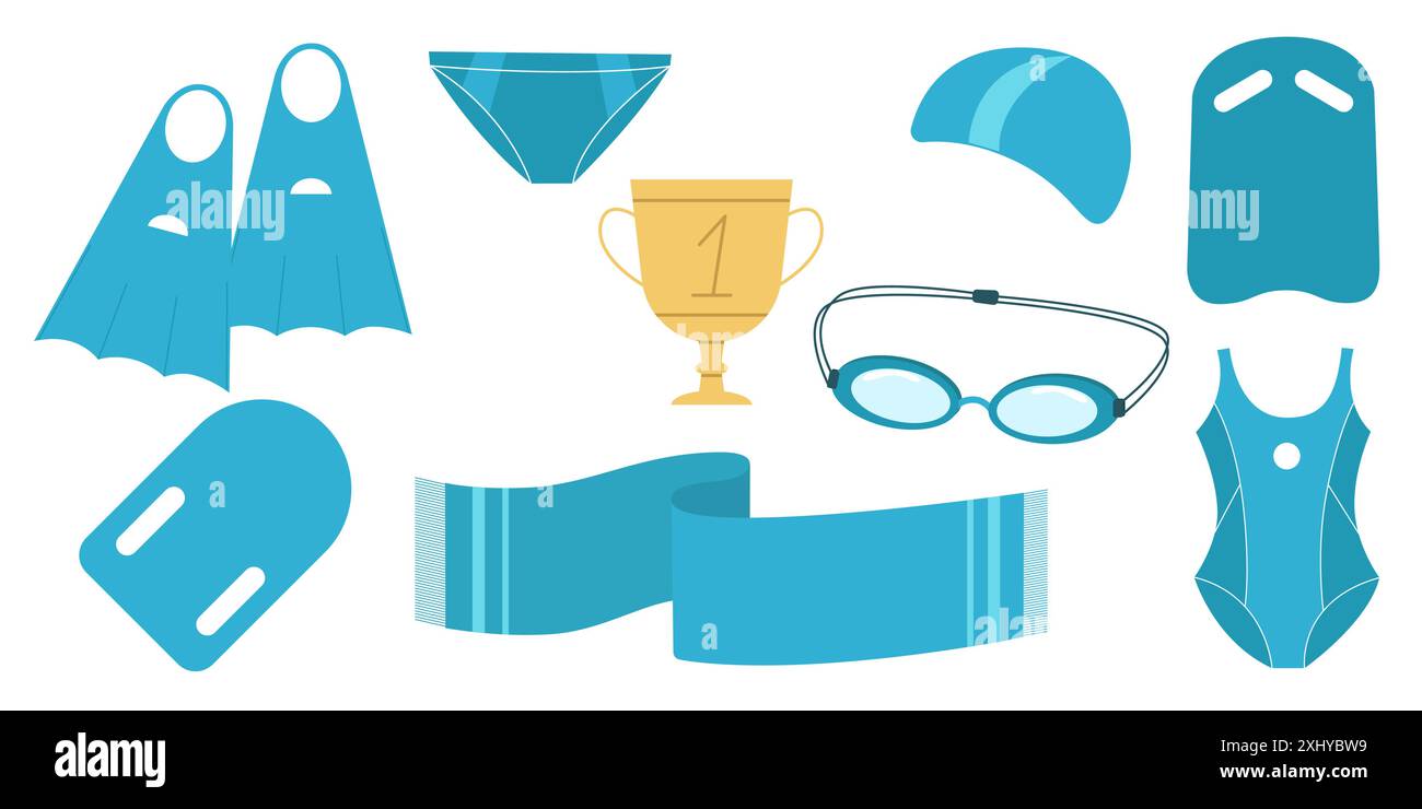 Set of swim sport equipment, towel, swimsuit, goggles and flippers ...