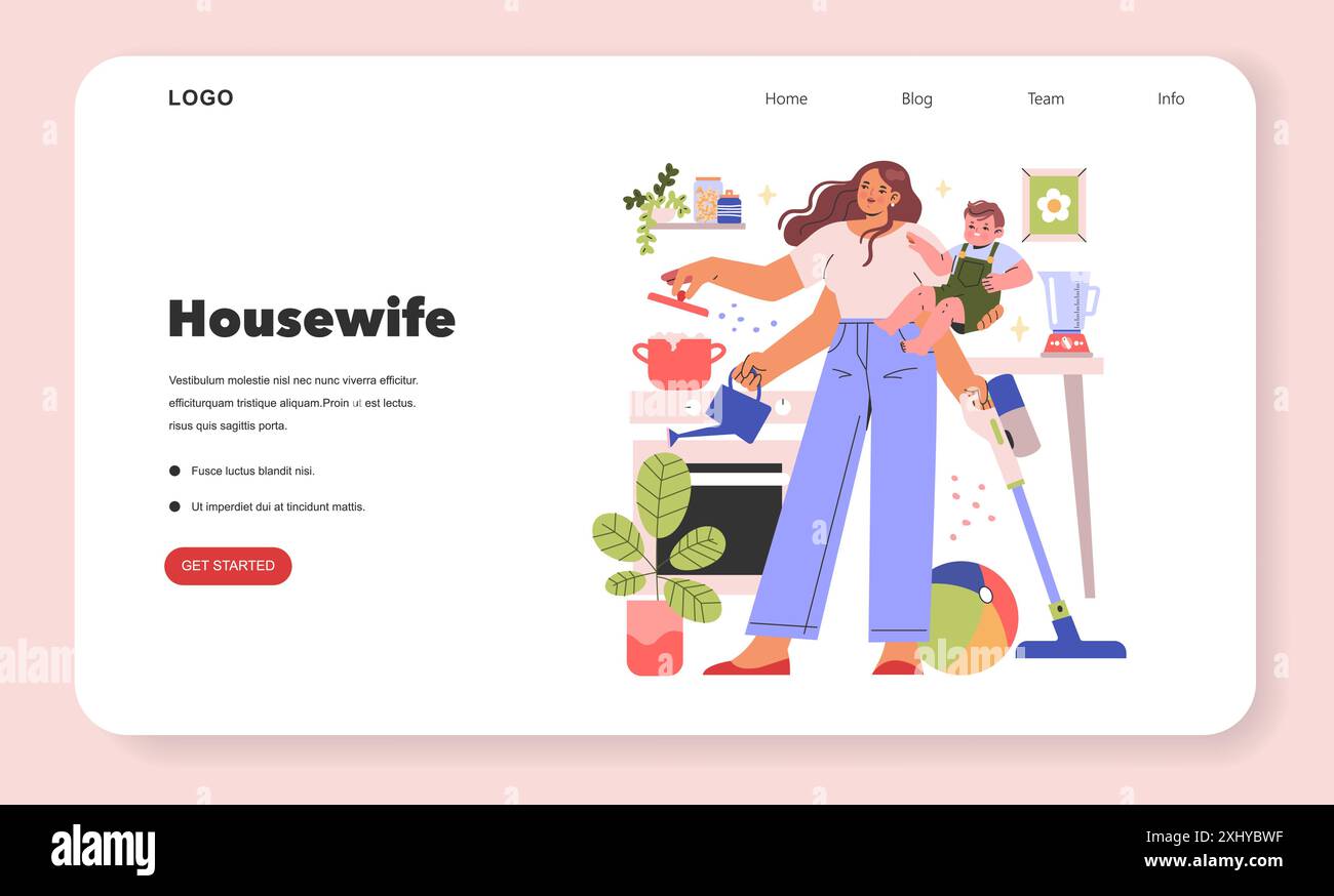 Housewife concept. A multitasking mother cooks, cleans, and cares for a ...