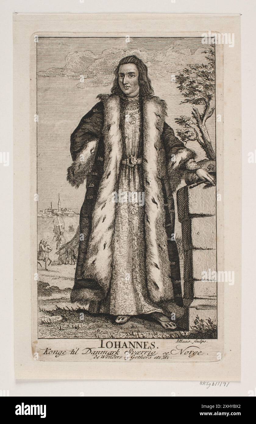 Copper engraving by Jonas Haas depicting His I, a Danish figure ...