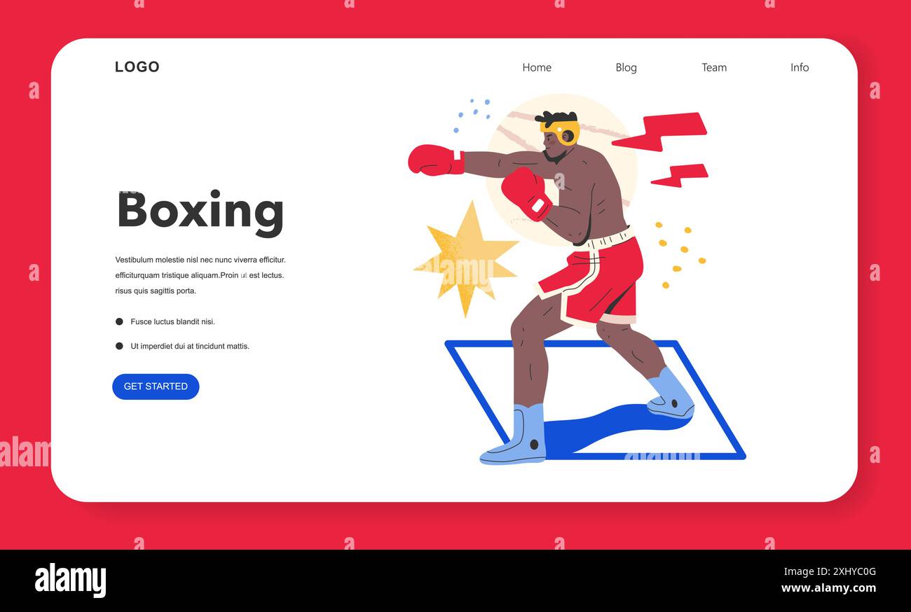 Boxing concept. An illustrated boxer on a website landing page throwing ...