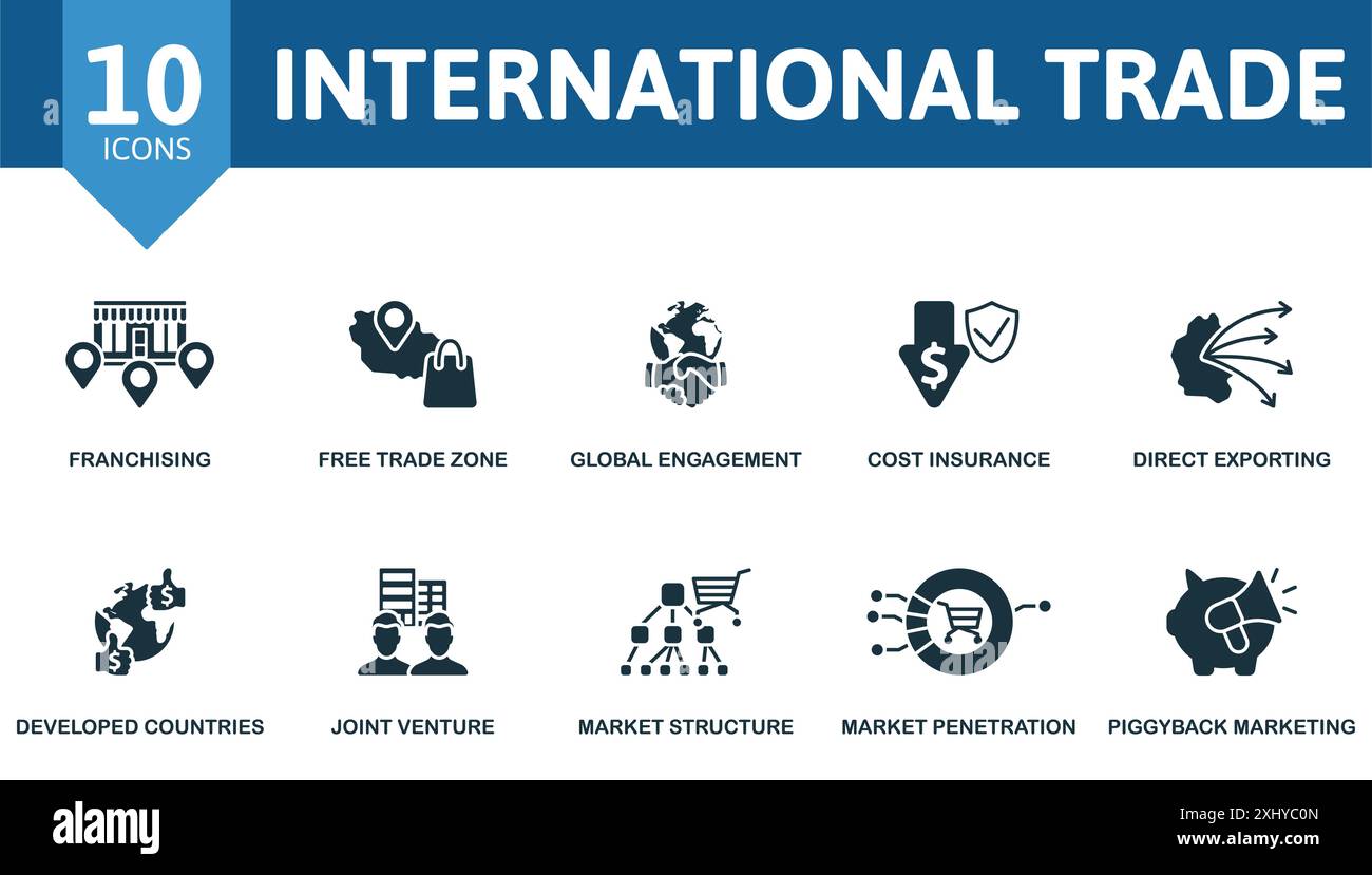 International Trade icon set. Franchising, Free Trade Zone, Global Engagement, Cost Insurance ...