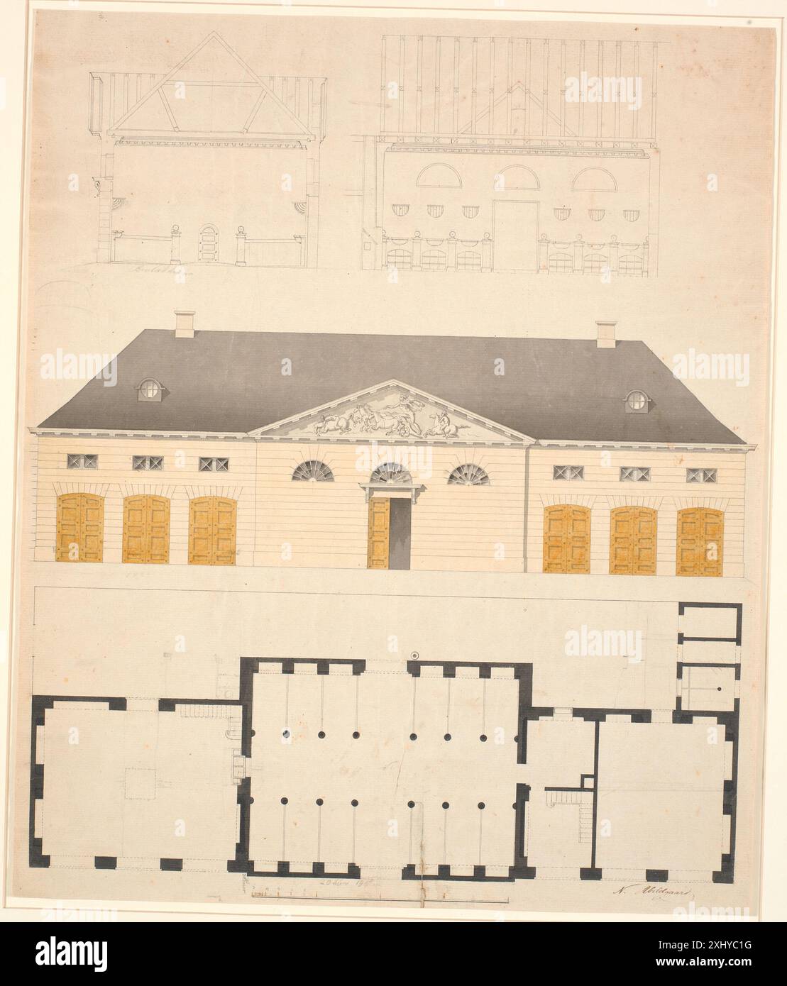 This drawing by Nicolai Abildgaard presents the plan, elevation, and ...