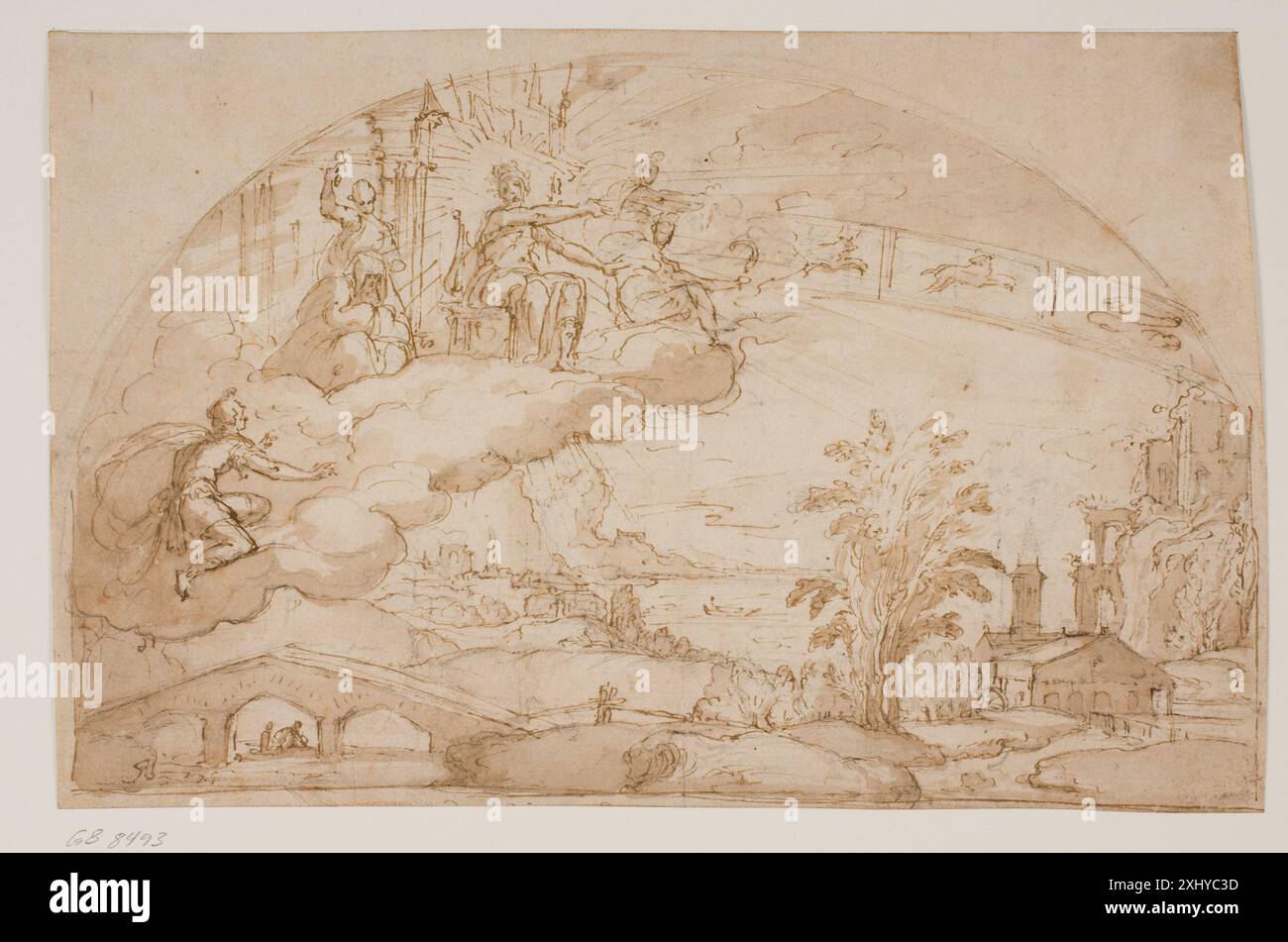 Drawing showing Apollo enthroned in the clouds with the zodiac depicted ...