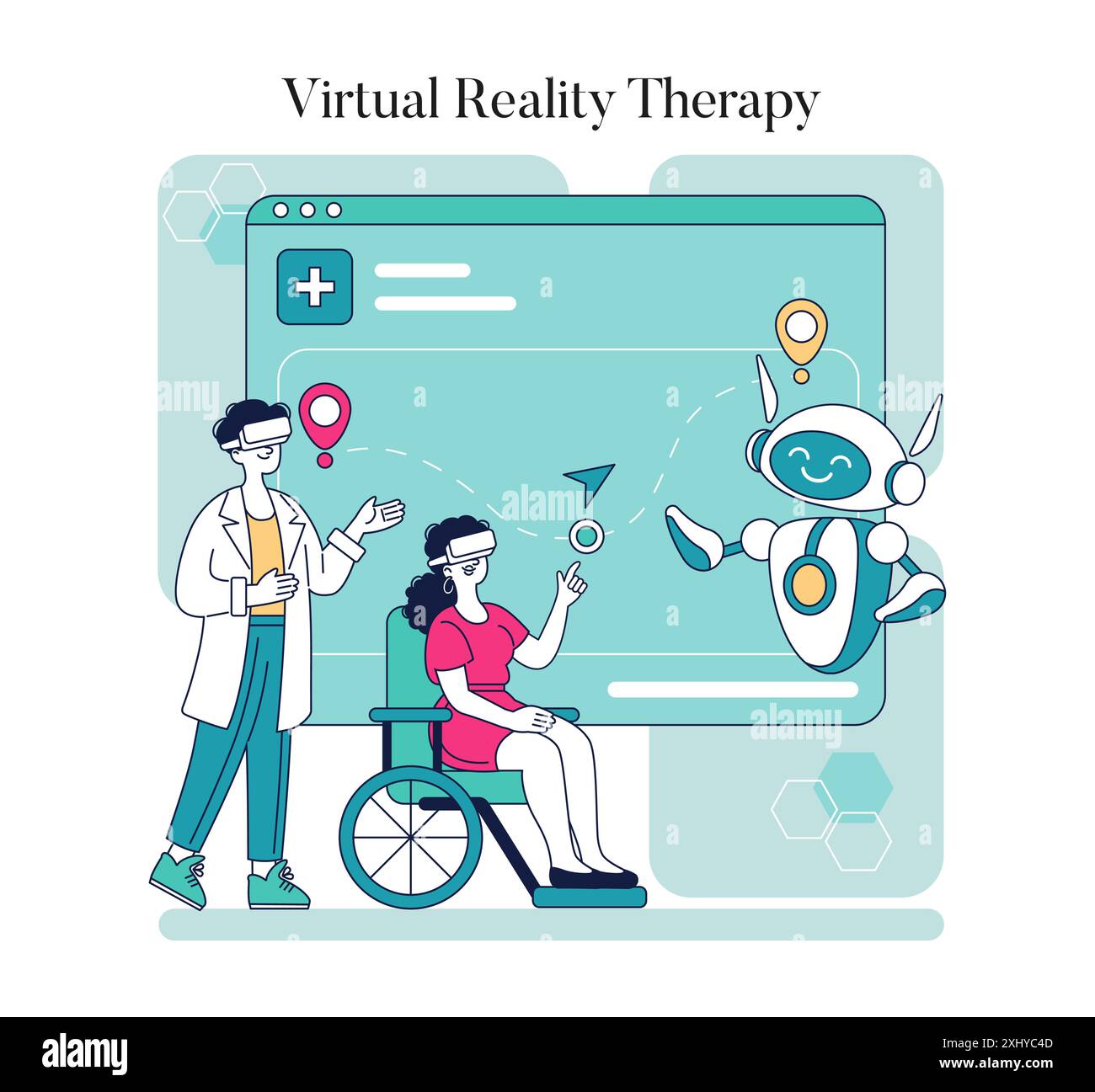 Health Gamification concept. A patient in a wheelchair engages with virtual reality therapy ...