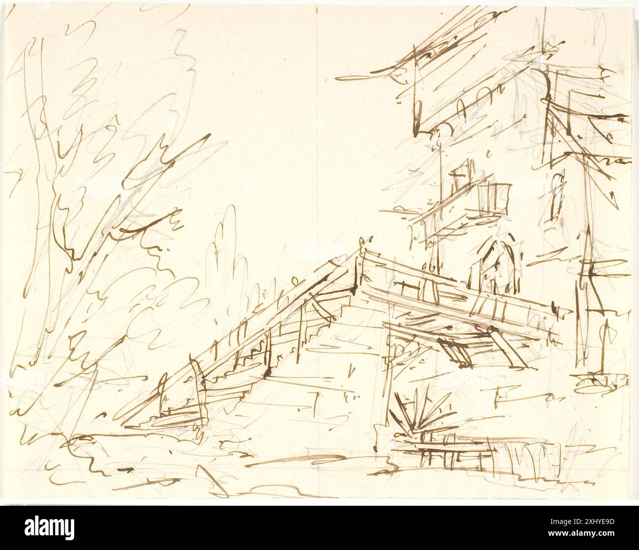 Drawing showing stairs and a bridge leading to a house, by Aron Wallick ...