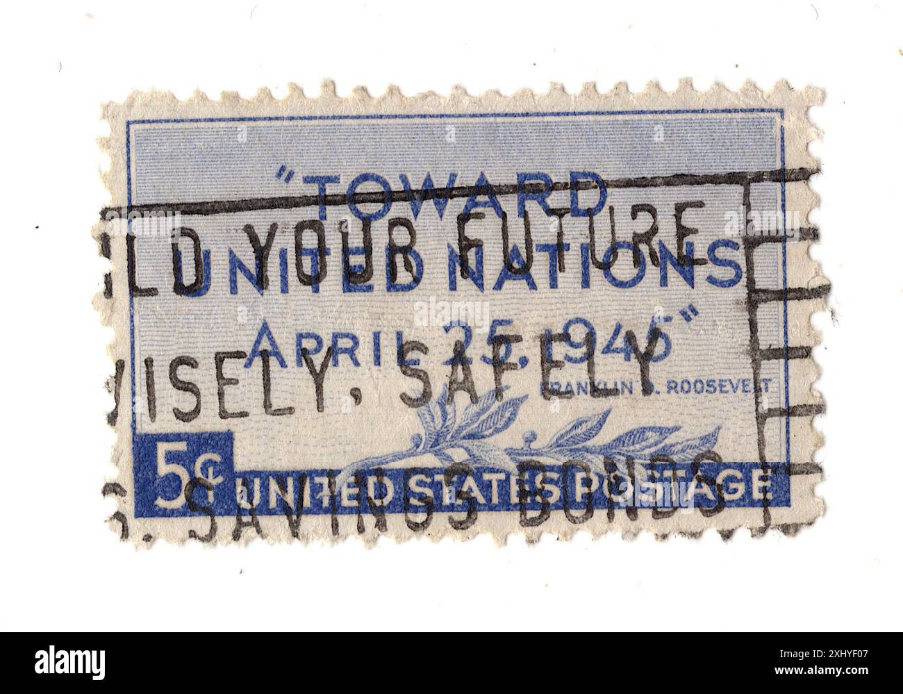 A vintage Toward United Nations postage stamp from the USA on a white ...