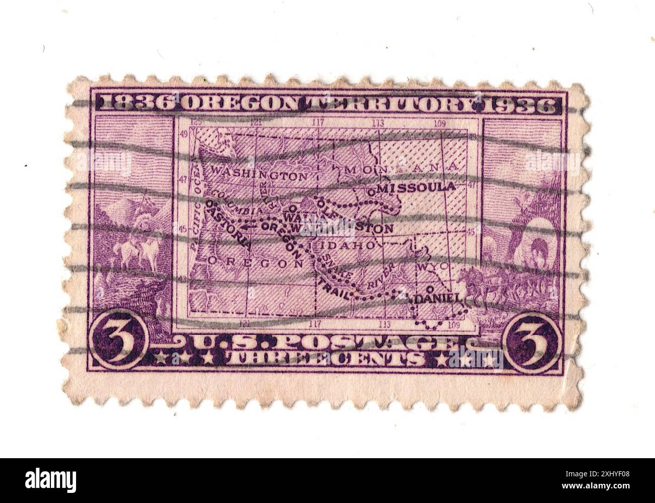 A vintage Oregon Territory postage stamp from the USA on a white ...