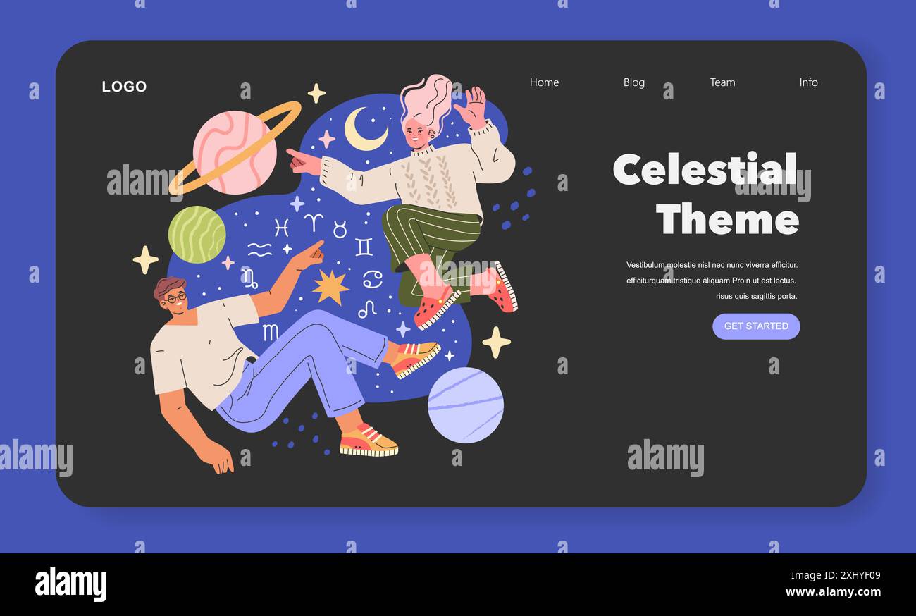 Celestial Theme concept. Two figures navigate a universe of planets ...