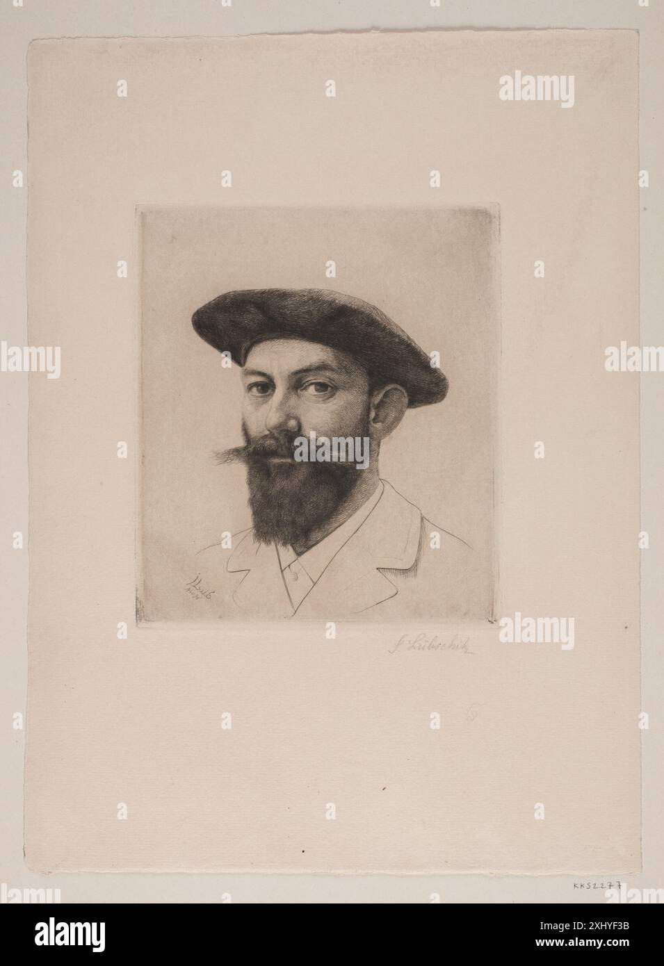 Self-portrait etching by John Lübschitz (1858–1941) showing the artist ...