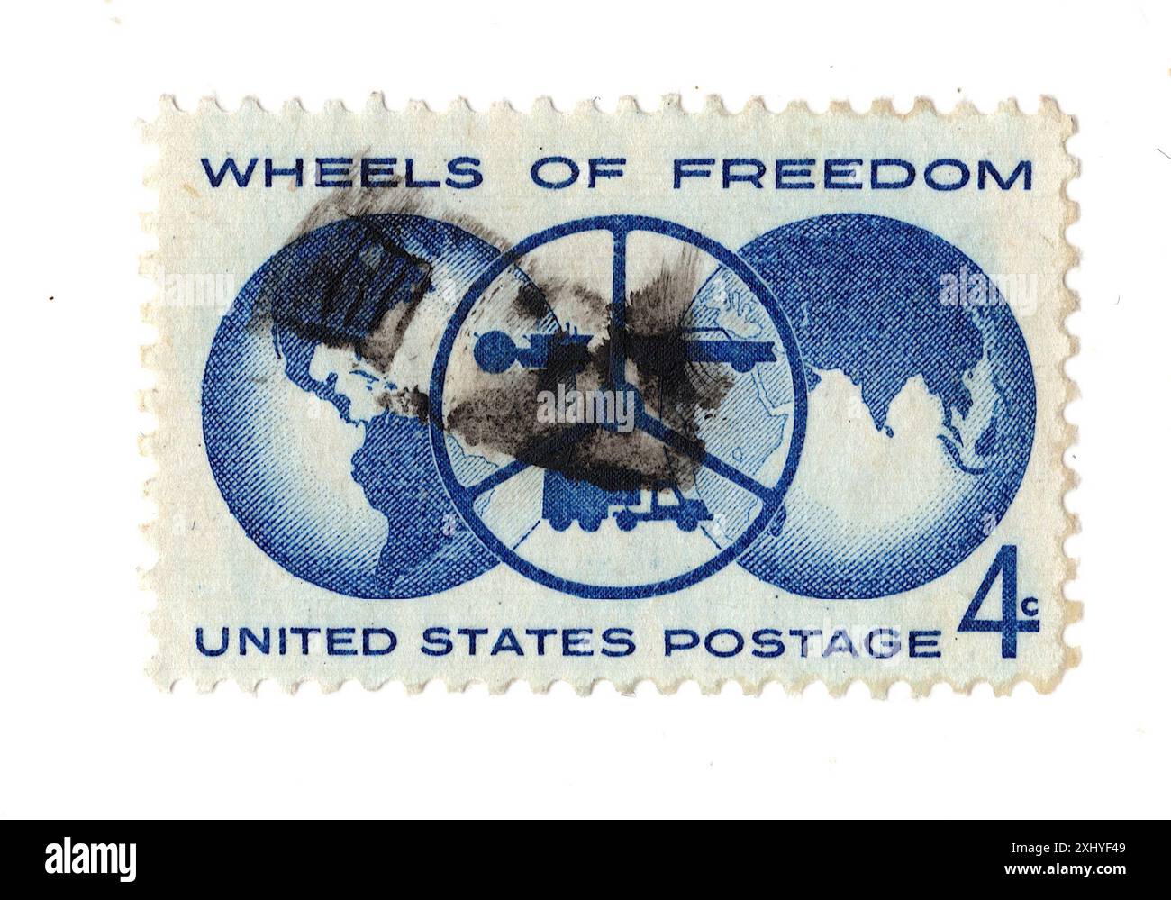 A vintage Wheels of Freedom postage stamp from the USA on a white ...