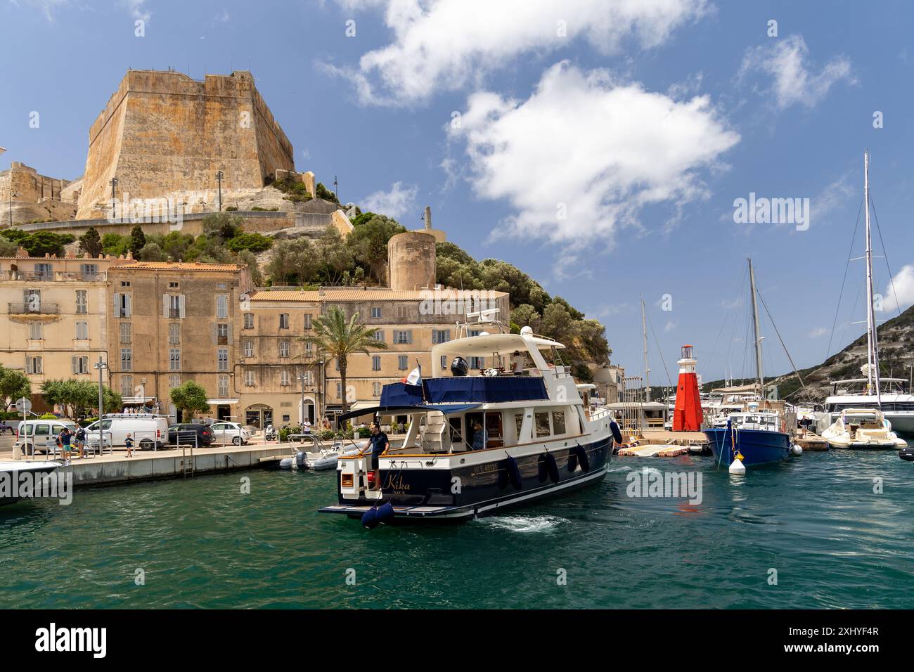 Bonifacio Corsica France harbour promenade with historical tower Stock ...