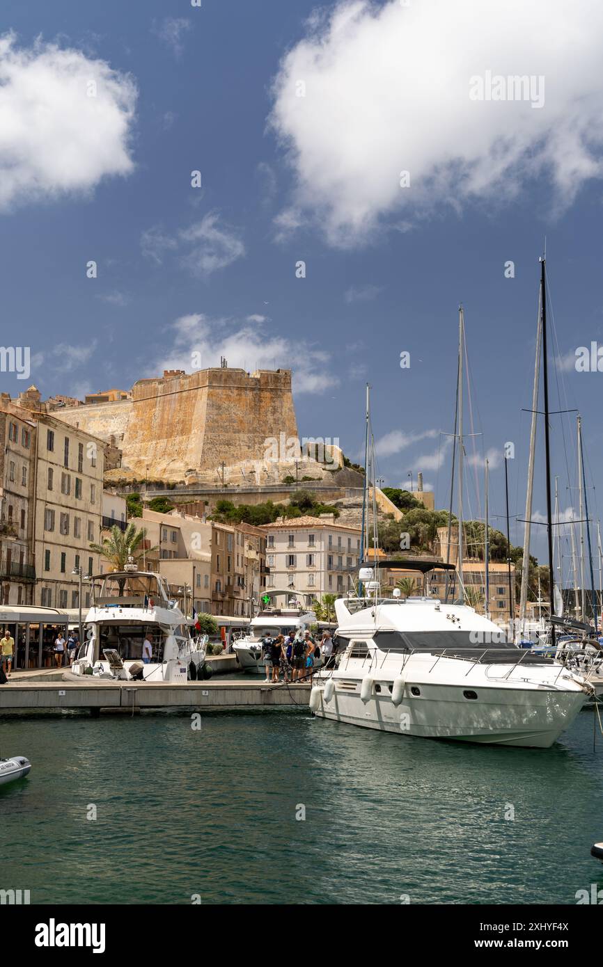 Bonifacio Corsica France harbour promenade with historical tower Stock ...