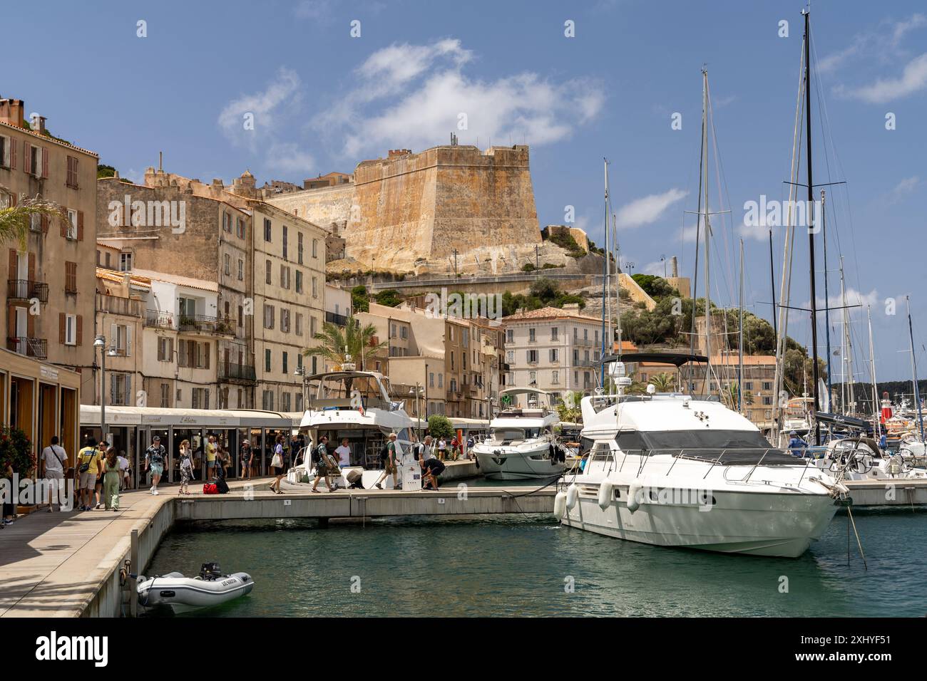 Bonifacio Corsica France harbour promenade with historical tower Stock ...