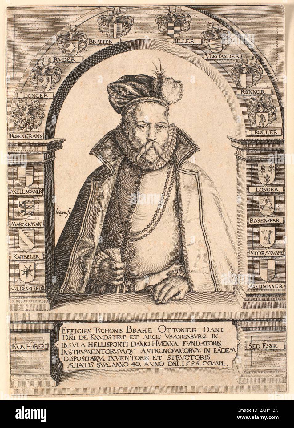 Copper engraving by Jacques de Gheyn II depicting Tycho Brahe, showing ...