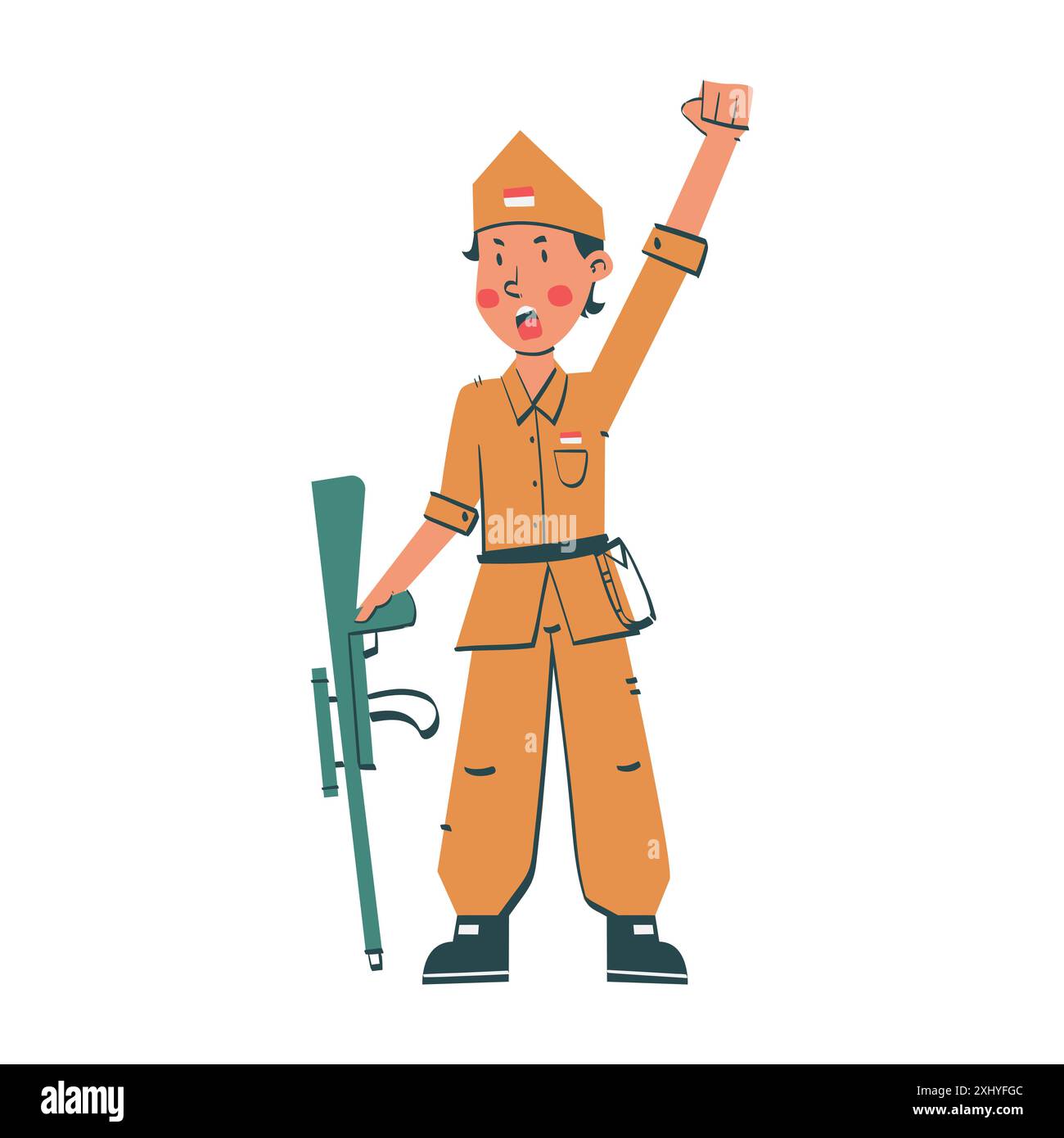 Indonesian soldier is raising his fist and holding a rifle, celebrating ...