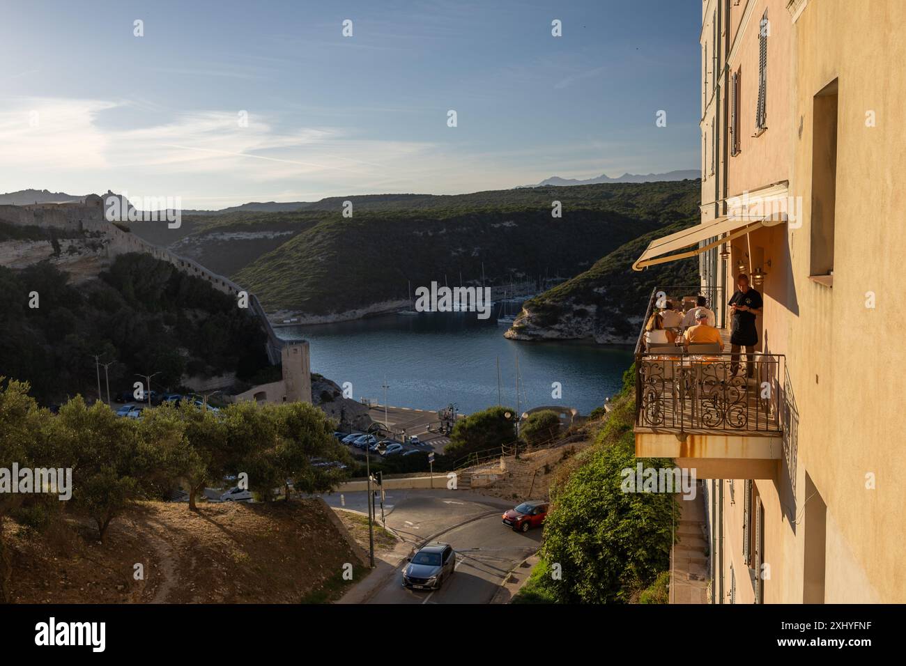 Restaurant balcony overlooking water in Bonifacio, Corsica France Stock ...