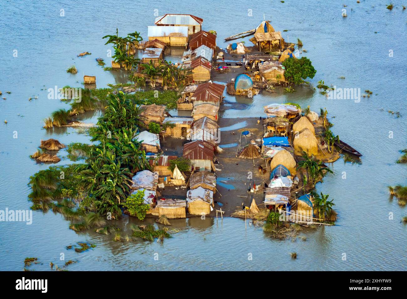 Aerial view of flood affected villages in Northern Bangladesh, highlighting the submerged homes ...