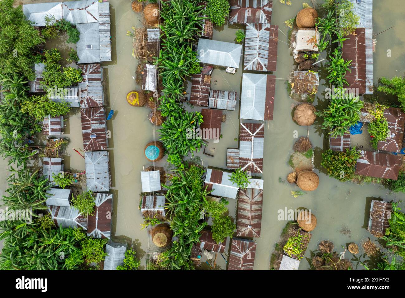 Aerial view of flood affected villages in Northern Bangladesh, highlighting the submerged homes ...