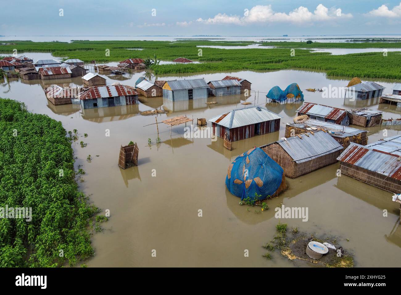 Aerial view of flood affected villages in Northern Bangladesh, highlighting the submerged homes ...