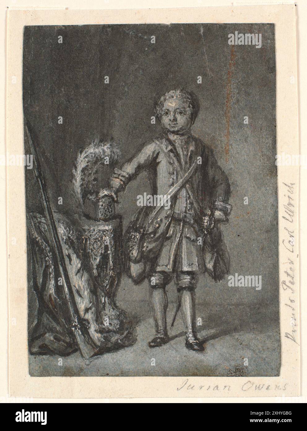 Drawing by Jürgen Ovens showing a standing boy in hunting equipment ...