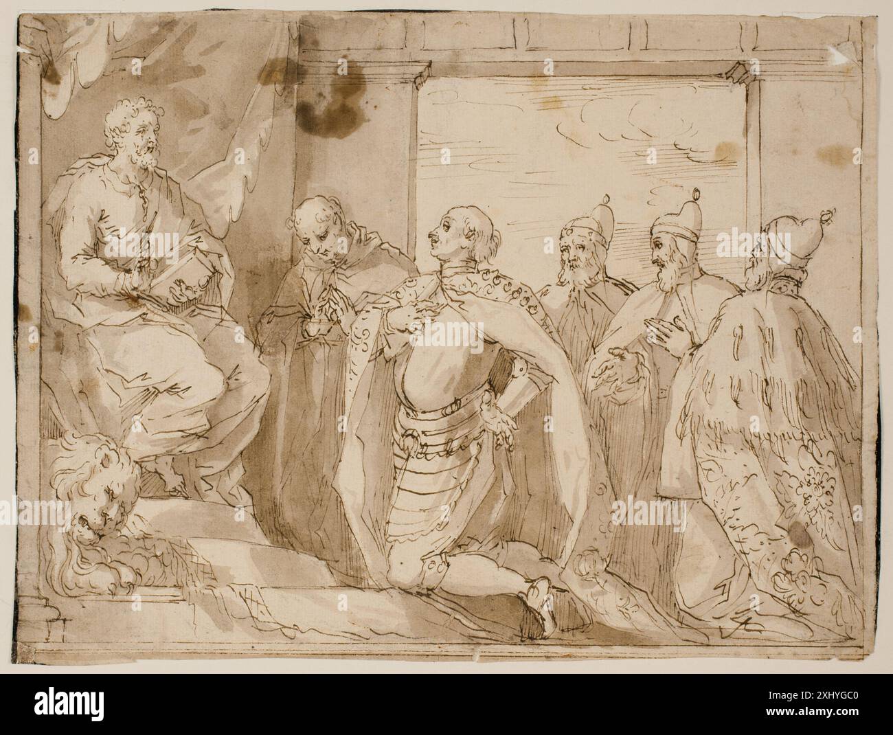 A garbed warrior, a man in a mantle and three doges kneeling before the ...