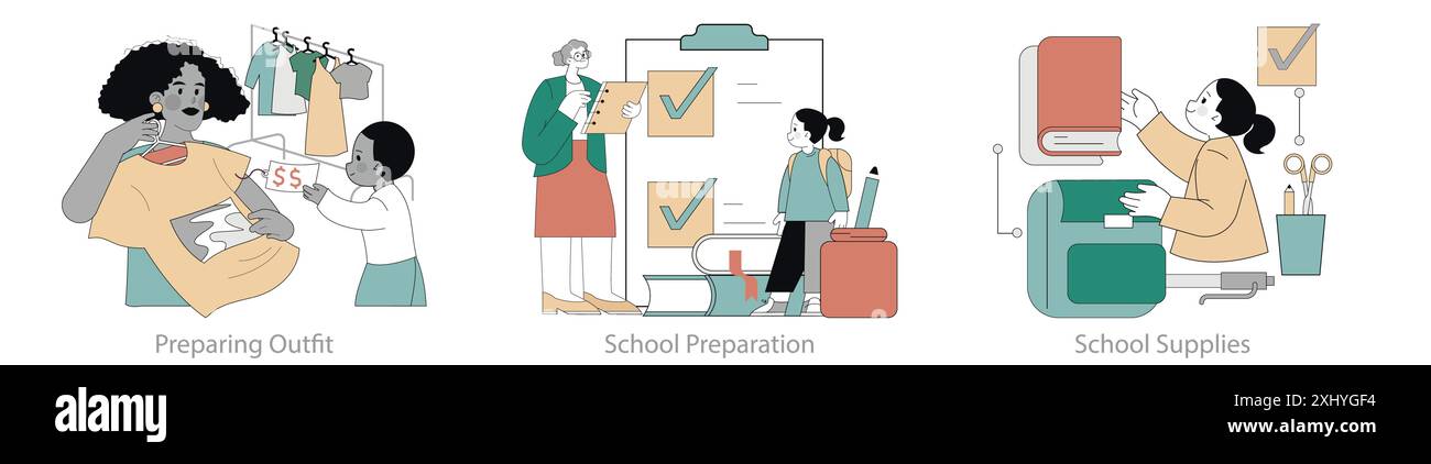 Back to School set. Students and teacher preparing for new academic ...