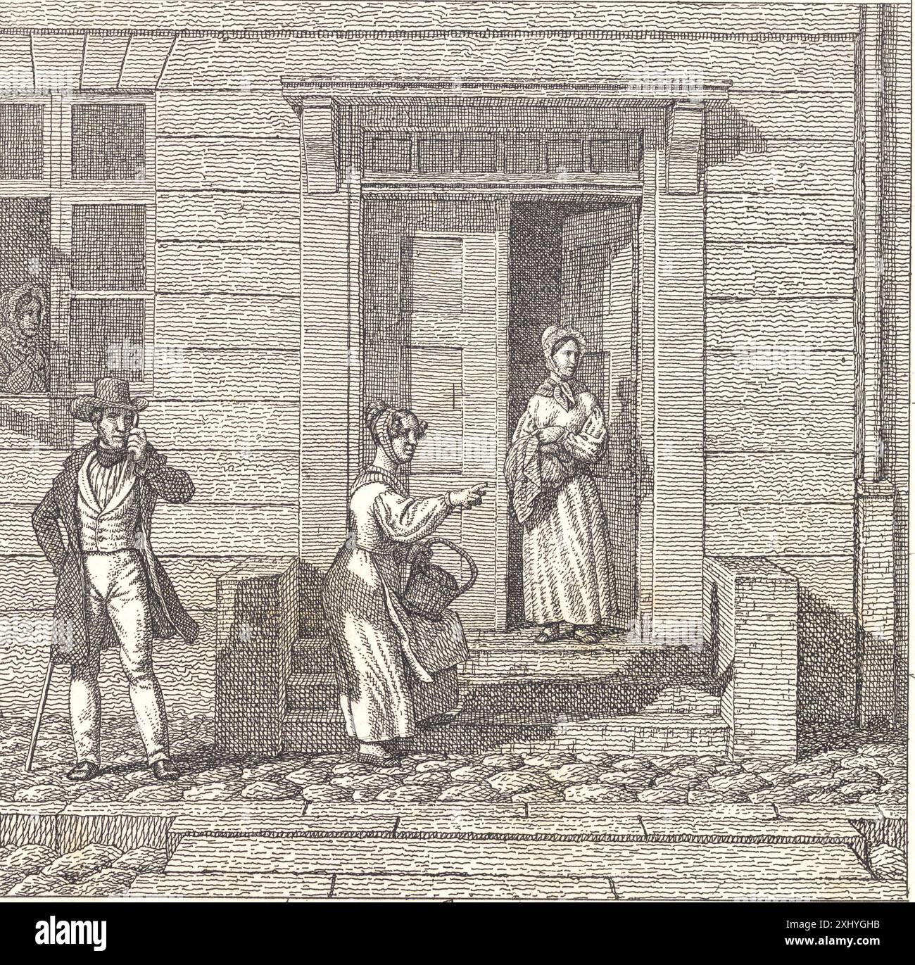 Street scene, two girls, one gentleman and a wife looking after ...