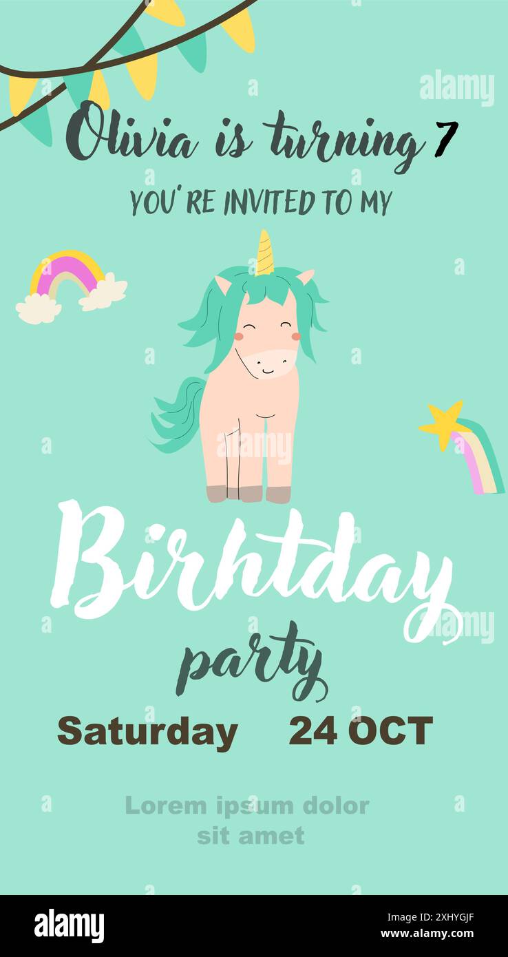 Childrens magic invitation card with fairy animal. Fantasy world ...