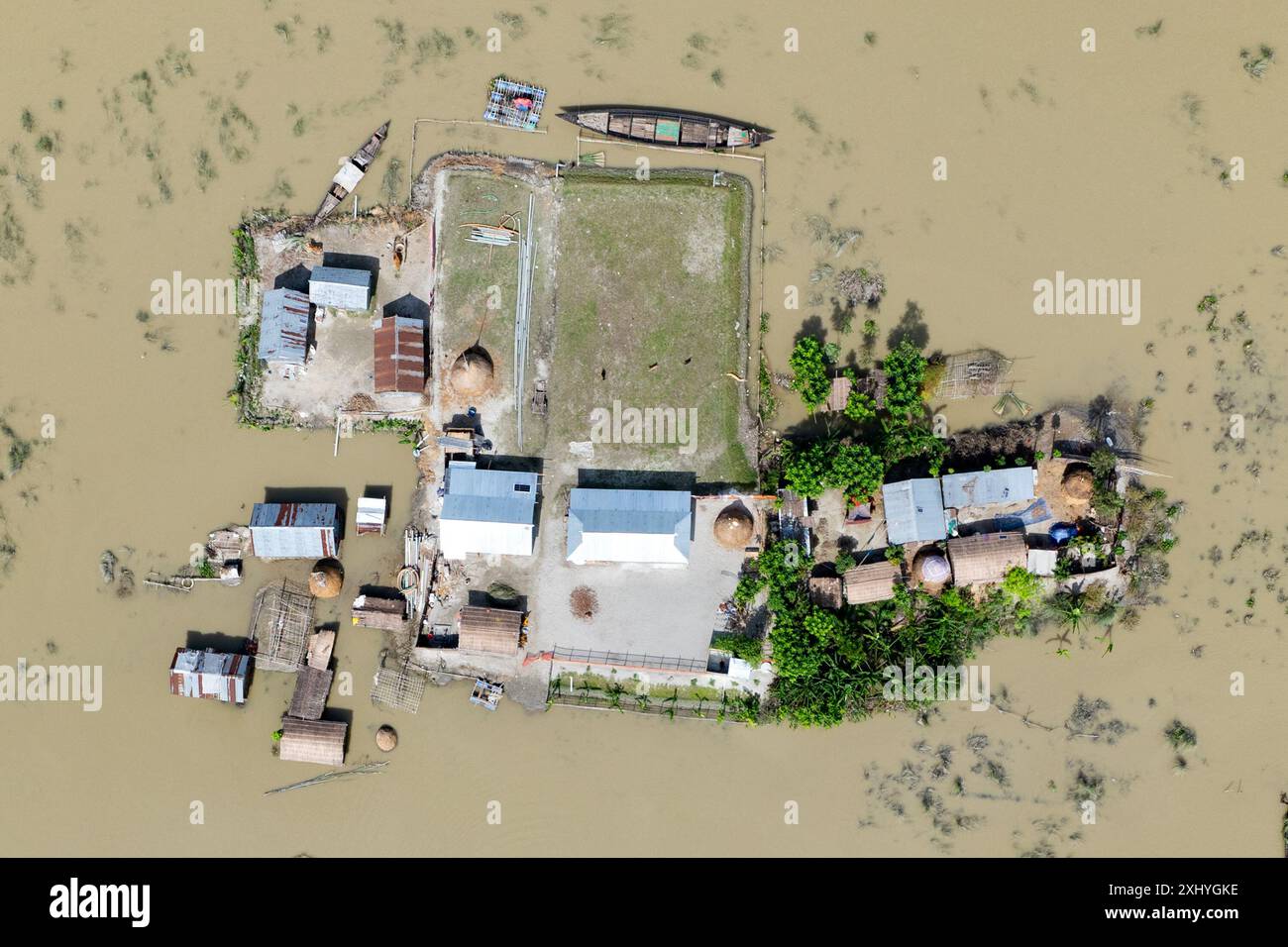 Aerial view of flood affected villages in Northern Bangladesh, highlighting the submerged homes ...