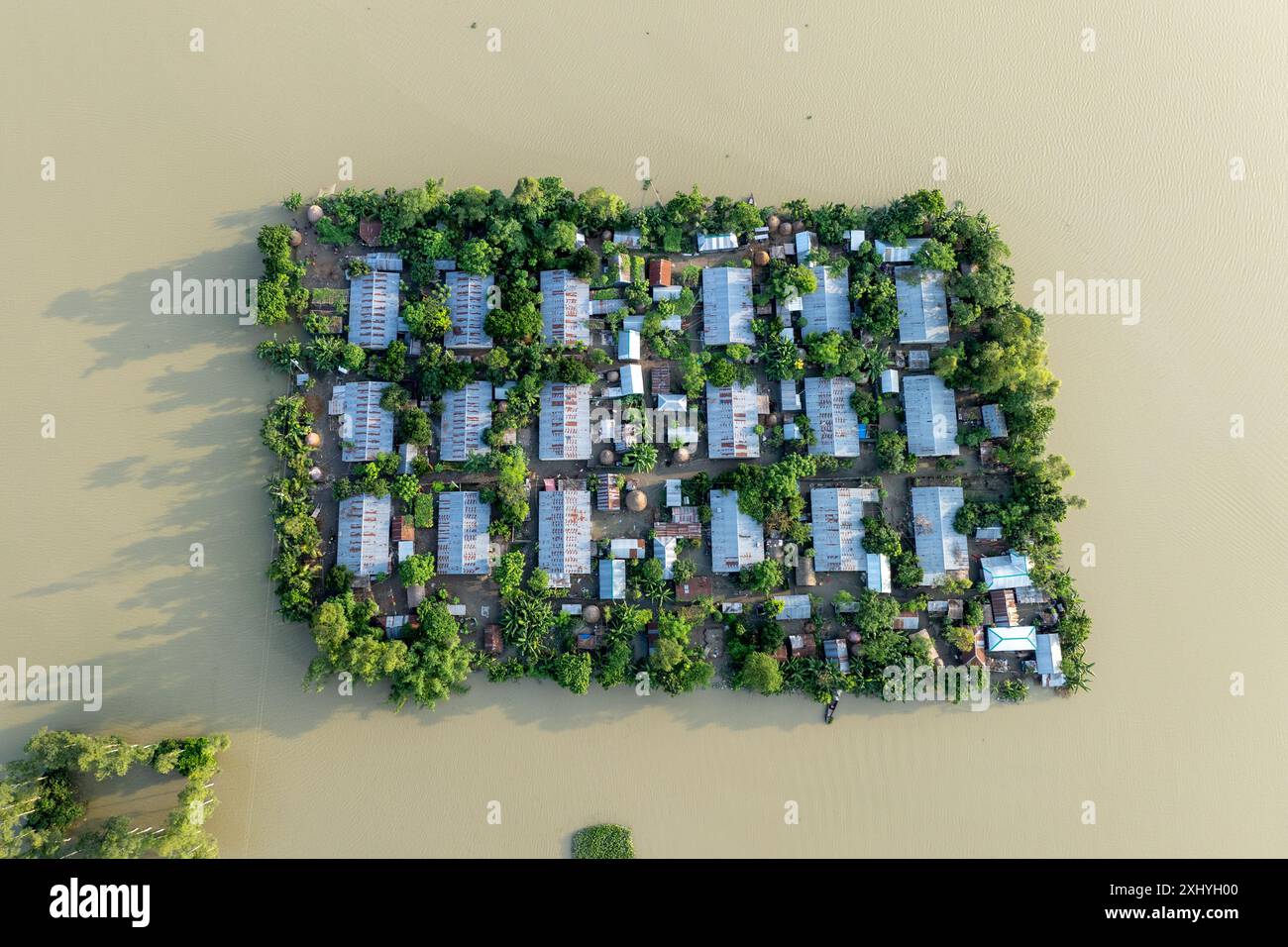 Aerial view of flood affected villages in Northern Bangladesh, highlighting the submerged homes ...