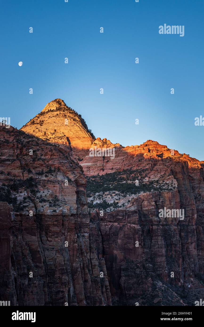 A breathtaking view of Zion Canyon Cliffs during sunrise with the moon ...