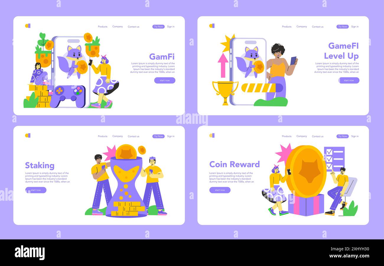 GameFi concept set. Engaging in blockchain gaming with digital rewards ... GameFi concept set. Engaging in blockchain gaming with digital rewards ...