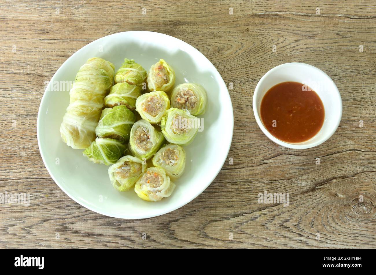 steamed Chinese cabbage stuffed chop pork and glass noodles on plate ...