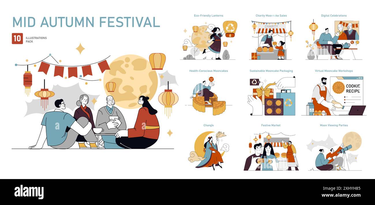 Mid Autumn Festival set. Celebrations, traditional customs, and modern ...
