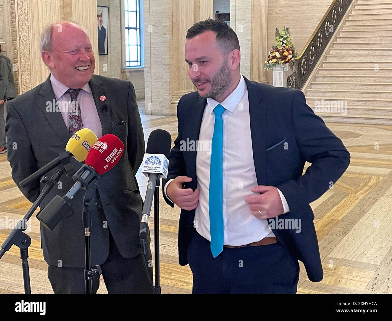 TUV leader and recently elected North Antrim MP Jim Allister (left) unveiling TUV councillor ...