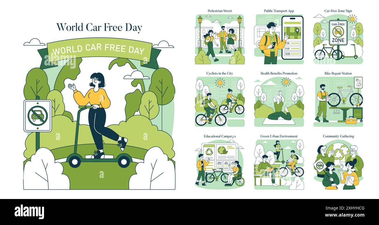 World Car Free Day concept set illustrating eco-friendly transportation ...