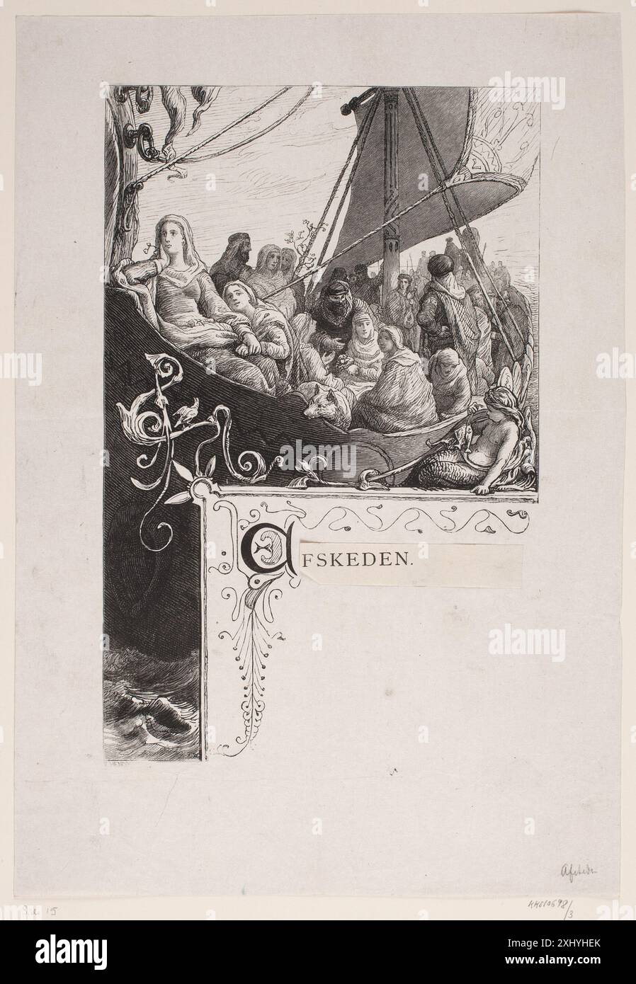 A xylograph by Lorenz Frølich depicting a parting scene, created ...