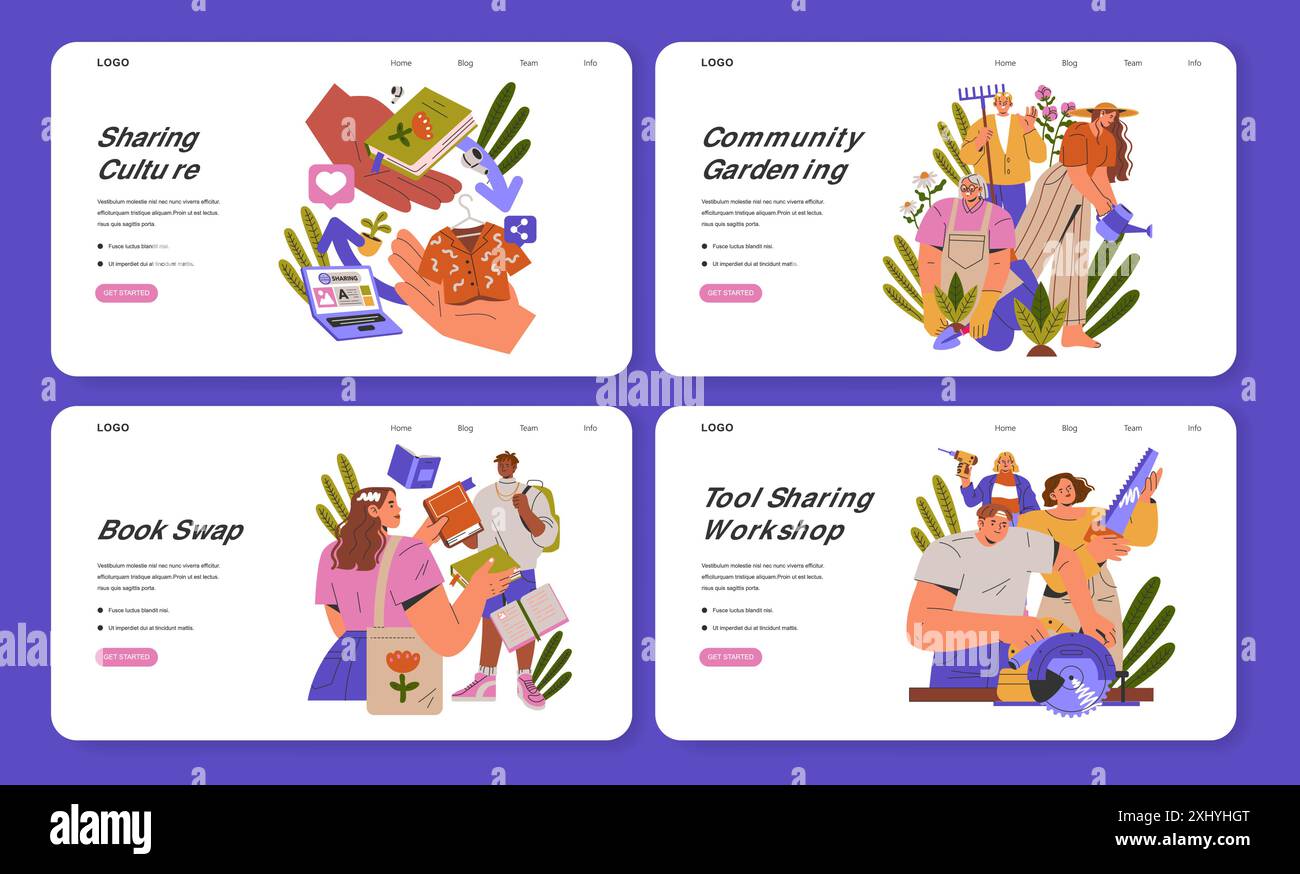 Vector illustrations showcasing various community and sharing culture events including gardening ...