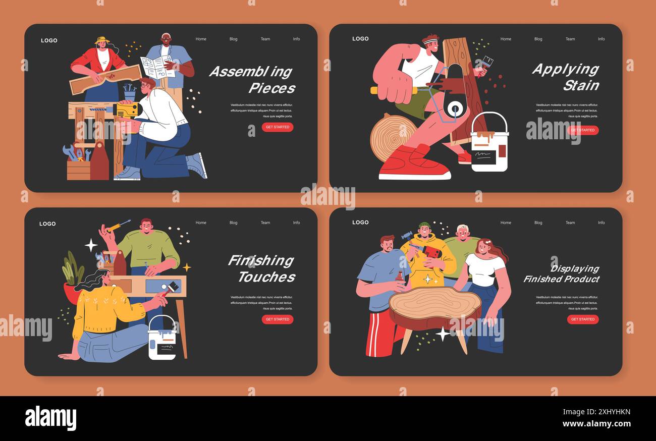 DIY Woodworking Process set. Sequence showcasing crafting stages from cutting, staining, to ...