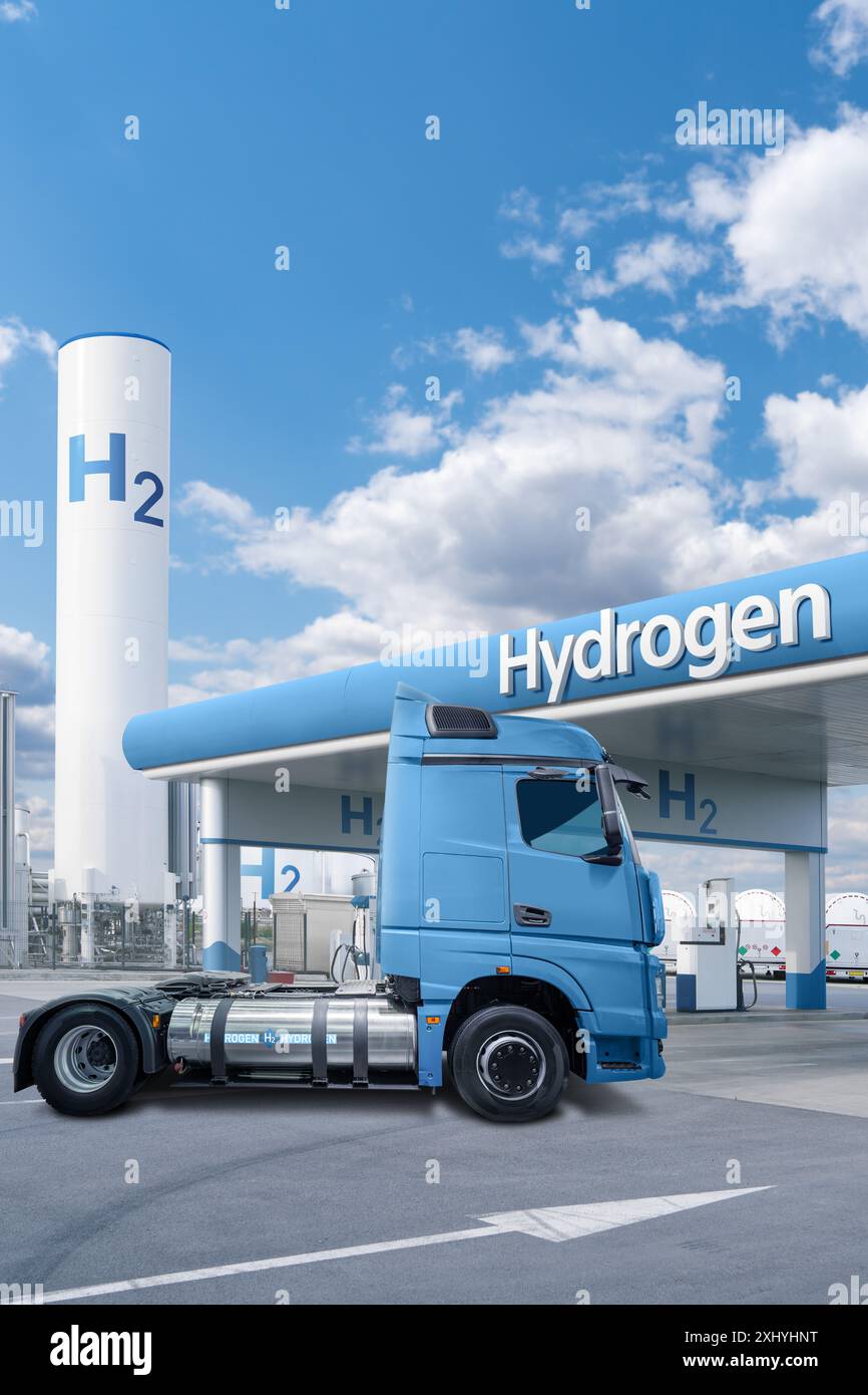 A hydrogen fuel cell semi truck with H2 gas cylinder onboard next to ...