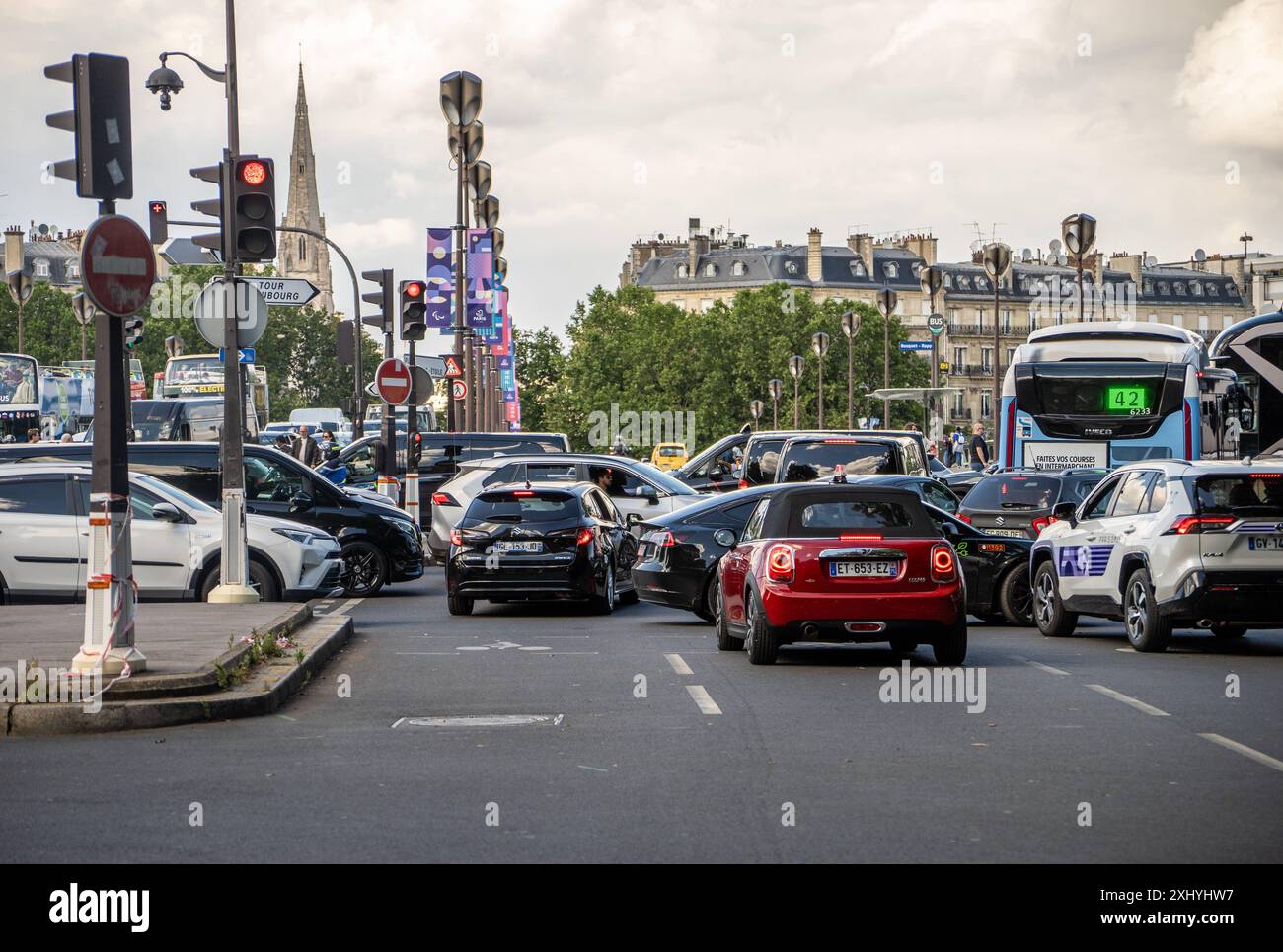 Paris, France - July 13, 2024: Traffic jam at an intersection in the ...